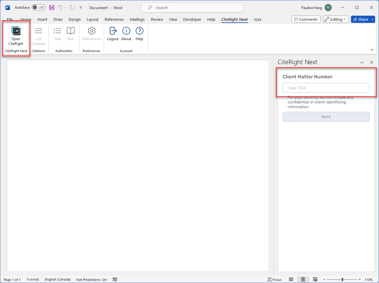 CiteRight Next - Adding and editing a client-matter number – CiteRight (EN)
